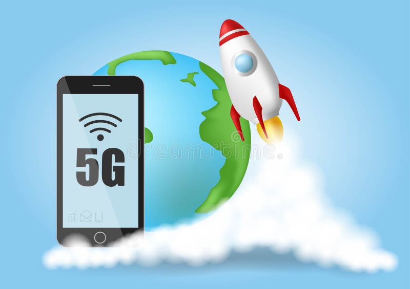 5G Evolution. Start Up Rocket. Smoke Clouds. Wireless Network Speed ...