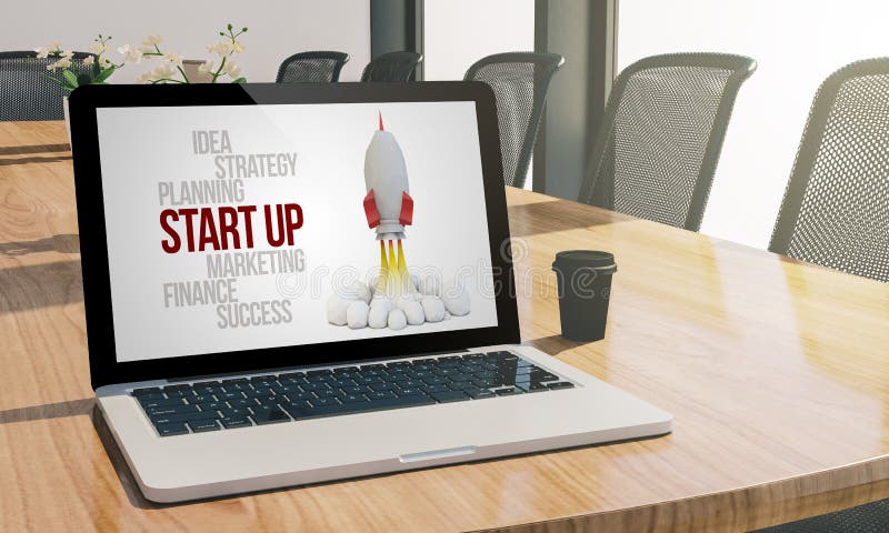 Start Up Screen on Laptop at Conference Room Mockup Stock Illustration ...