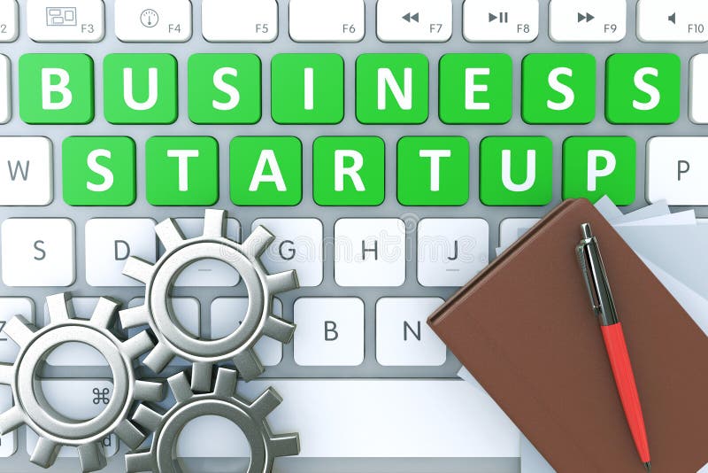 Start Up Text on a Button Keyboard, a Notebook with a Pen and Gears ...