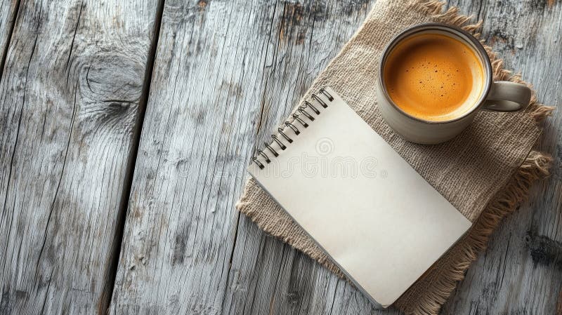 Blank Journal Pages and Coffee in the Morning, Rustic Top Down View ...