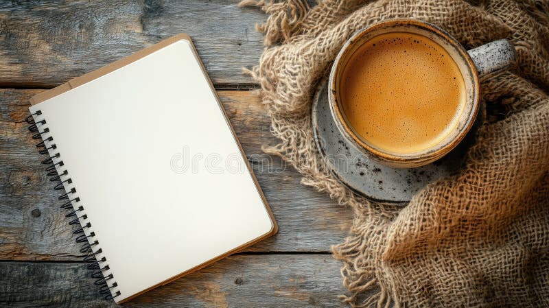 Blank Journal Pages and Coffee in the Morning, Rustic Top Down View ...