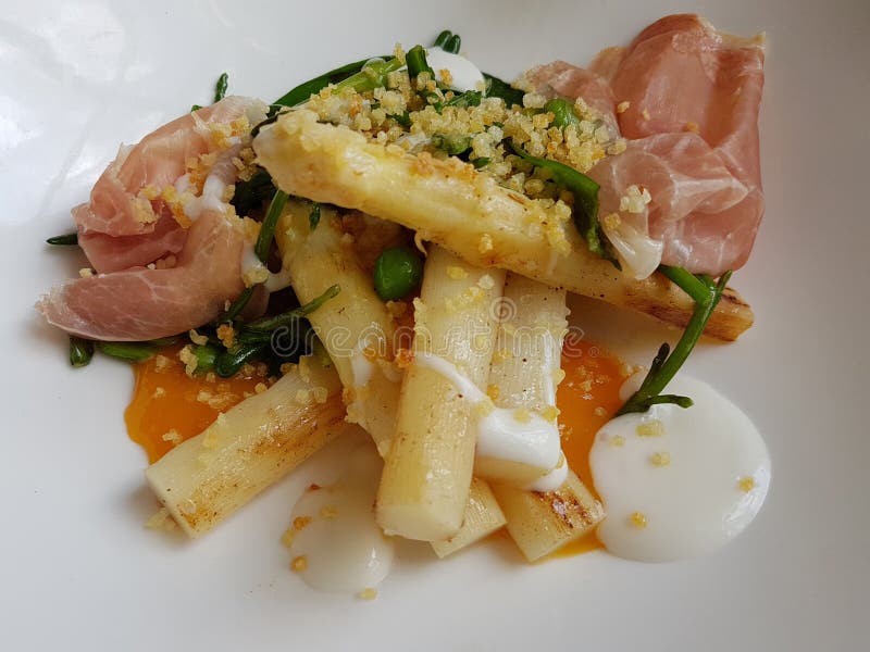 Starter with Ham and Asparagus Stock Image - Image of asparagus, plate ...