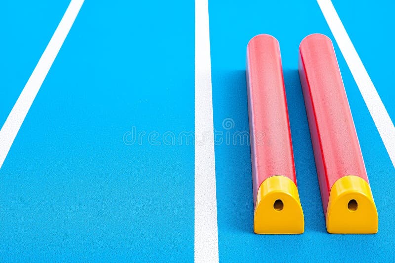 Starting Blocks Set on Blue Track Lanes in a Track and Field Stadium ...