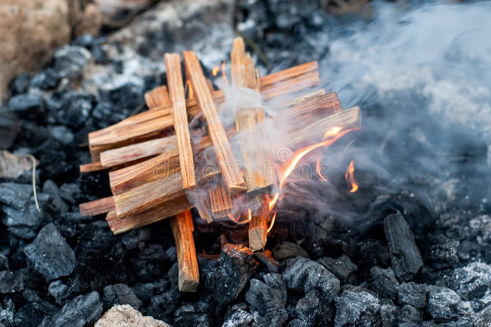 Starting the Camp Fire with Kindling. Camping Life Stock Image - Image ...