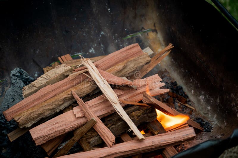 Starting the Campfire in a Firepit with Kindling Stock Photo - Image of ...