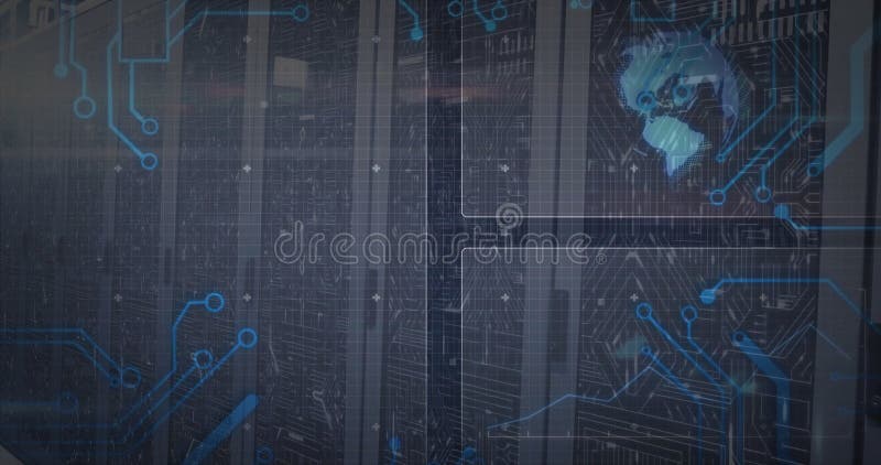 Starting Code Overlay Server Racks Drawing Blue Circuits while Globe ...