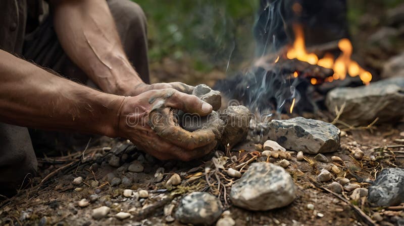 Starting a Fire Using Stones in the Jungle Stock Illustration ...