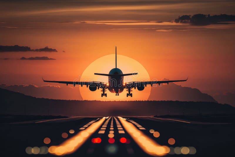 Starting or Landing Airplane Flying Over the Sunset Stock Illustration ...