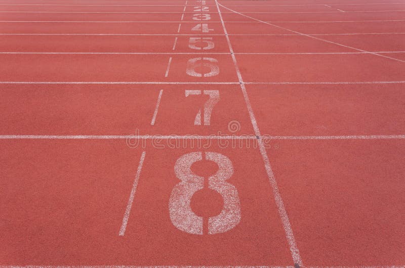 Starting Lane with Numbers on Red Running Track for Athletics an Stock ...