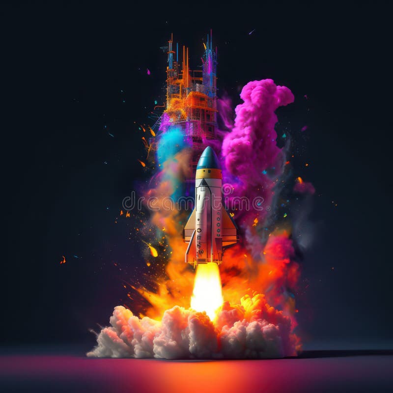 Starting Rocket with Colorful Smoke, Intense Colors and Fire Created ...