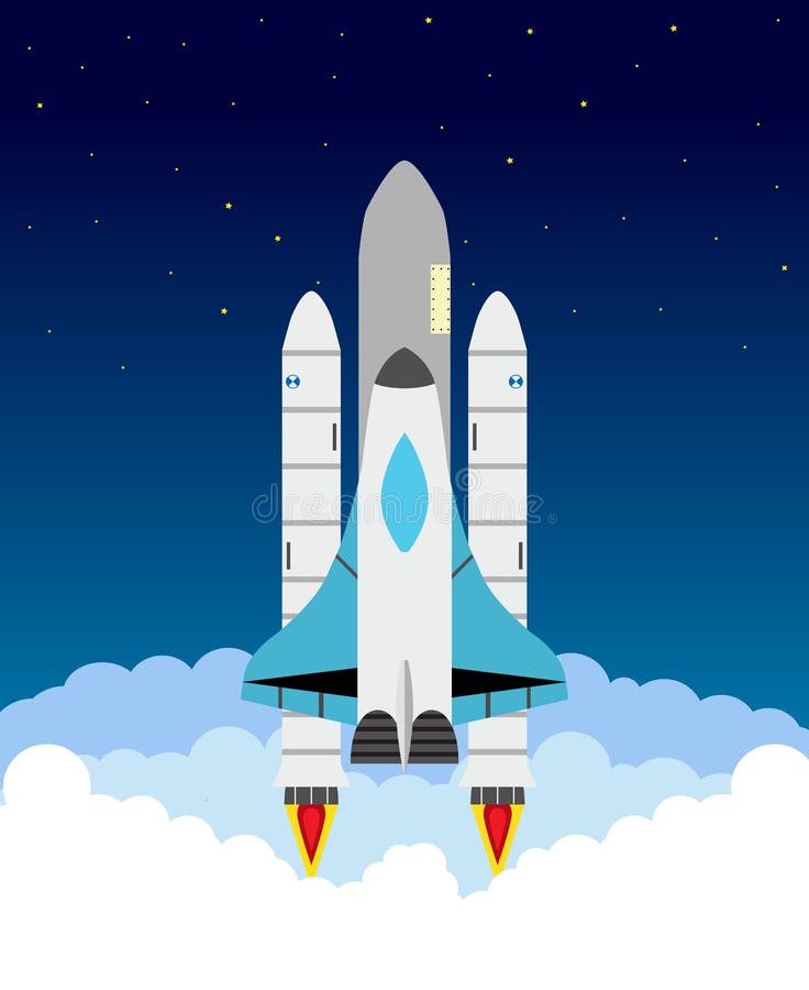 Starting Shuttle Illustration. Clouds, Stars, Shuttle and Rocket Stock ...