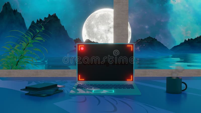 Starting Soon Screen Laptop on Study Table with Lake View on Full Moon ...