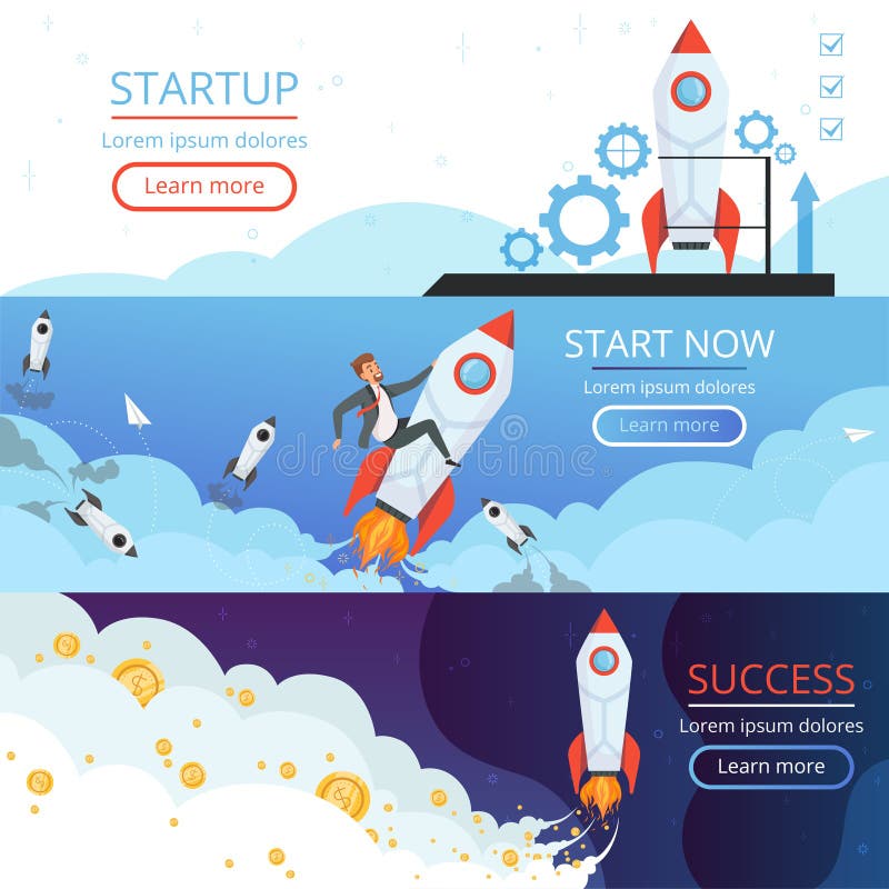 Startup Banners. New Idea or Creative Business Launch Rocket Ship or ...