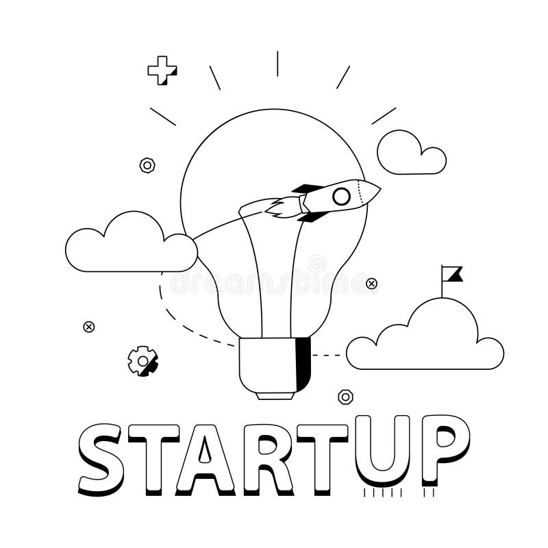 Startup Illustration, Banner, with Light Bulb and Rocket Stock Vector ...