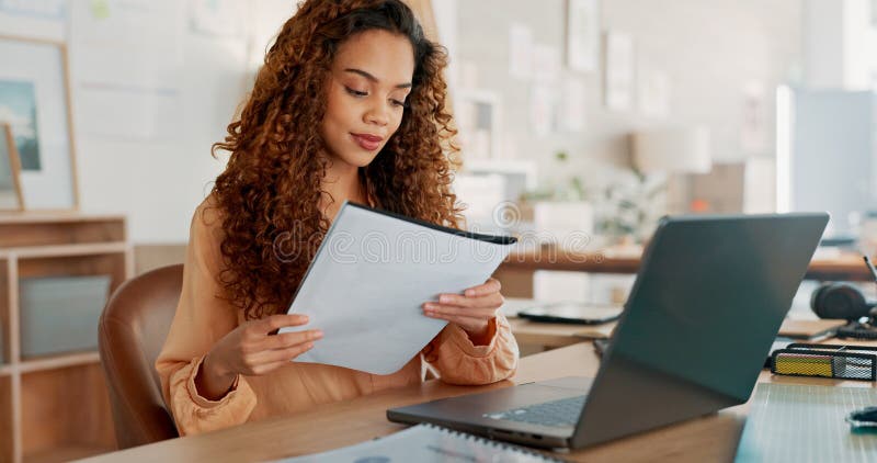 Startup Black Woman, Laptop or Documents for Research, Data Analysis or ...