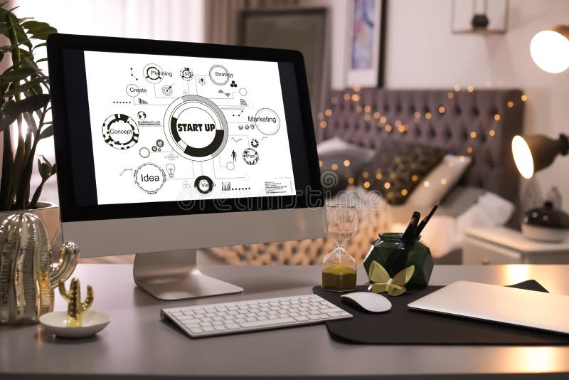 Startup Business Concept. Computer with Illustration of Digital ...