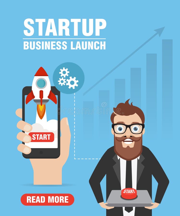 Startup Business Launch Concept Design Flat with Businessman Holding ...