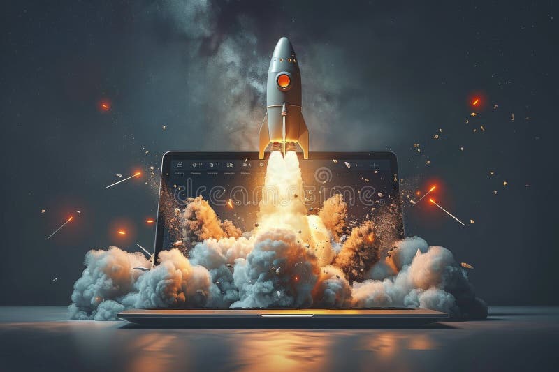 Startup Business and Launch Project Concept. Rocket Flying on Laptop ...