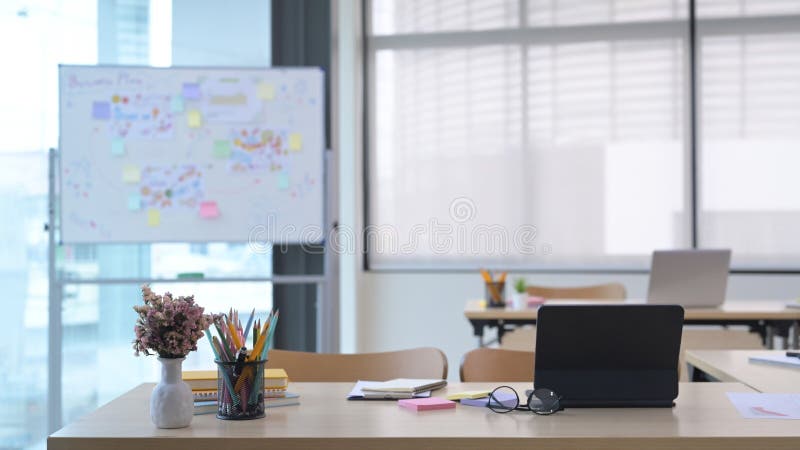 Startup Business Office Interior with Tables, Laptop, Chairs and ...