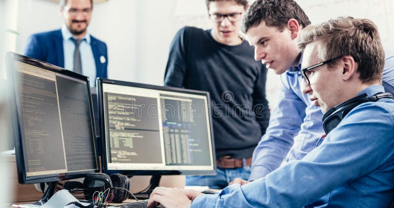 Startup Business Problem Solving. Software Developers Working on Desktop Computer. Stock Photo ...