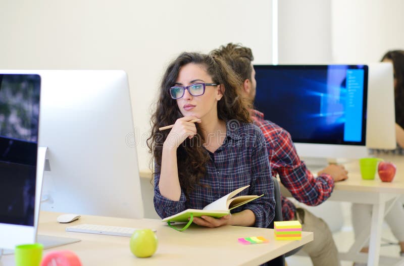 Portrait Of Beautiful Blond Woman Programmer Posing In Office Stock ...