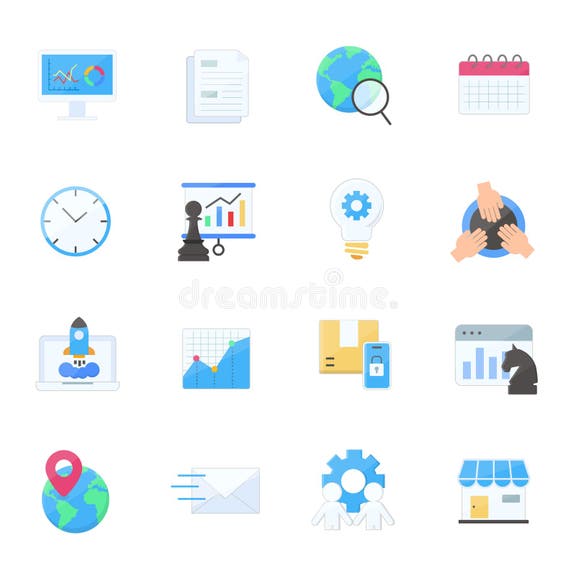 Startup, Business Strategy, and Data Analysis Icons Flat Vector Set ...