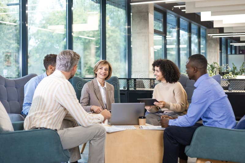 Startup Business Team on Meeting in Modern Bright Office Interior and ...