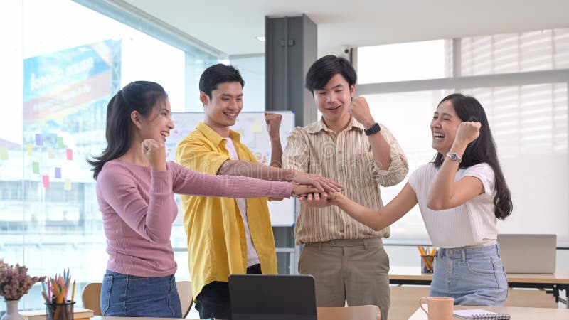 Startup Business Team is Stacking Hands Over Table, Showing Group Unity ...