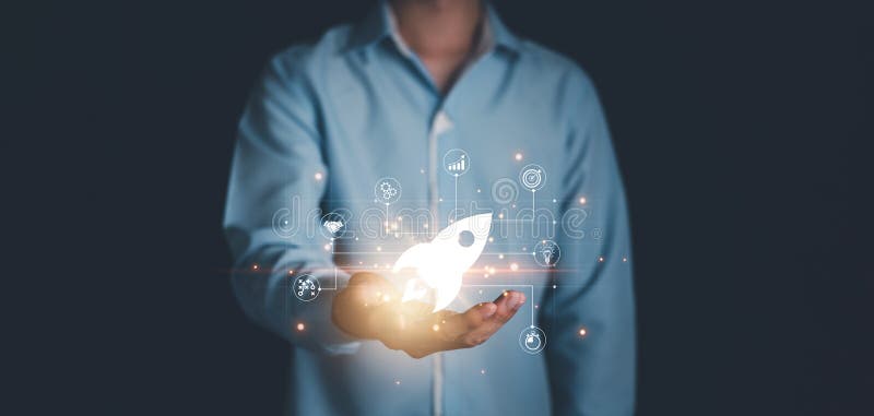 Startup Concept. Businessman Hand with Rocket Launch Icon and Network ...