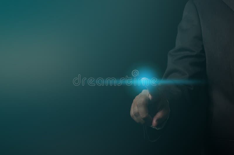 Startup Concept. Businessman Press Virtual Button with Blue Light ...