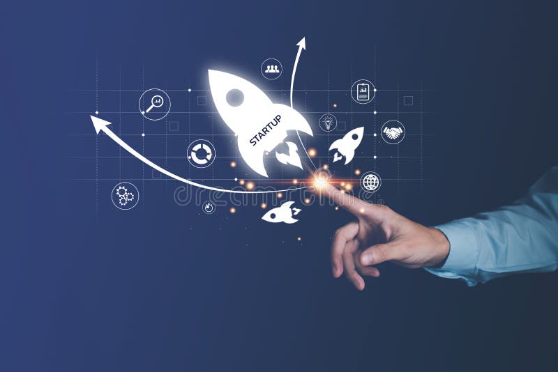 Startup Concept. Businessman Touch Rocket Launch Icon and Network ...
