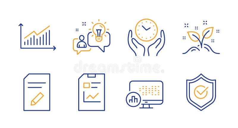 Startup Concept, Graph and Safe Time Icons Set. Report Document, Idea ...
