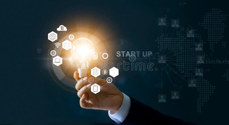 Startup Concept.Hand Holding Light Bulb with Startup Icon Stock Photo ...