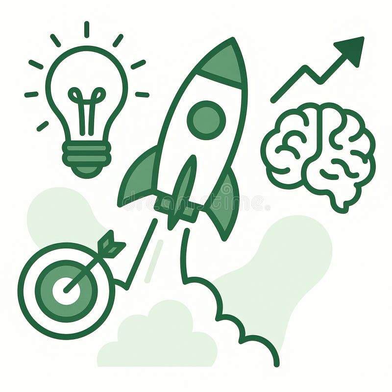 Startup Concept Icons. Rocket Launch, Brain, Lightbulb, and Target ...