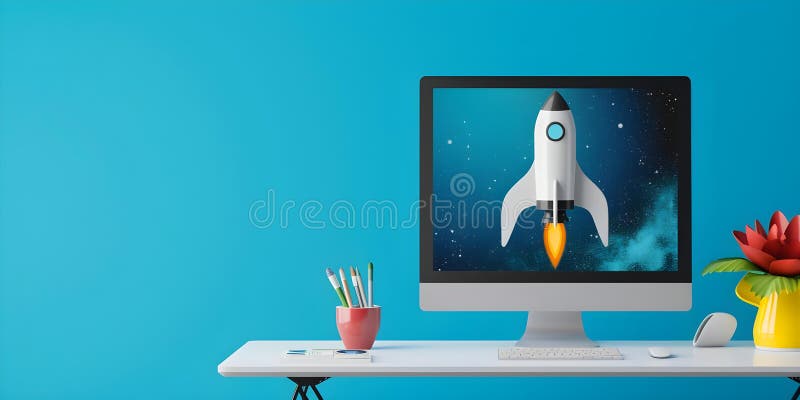 Startup Concept Illustrated by Rocket on Computer Screen with Blue ...