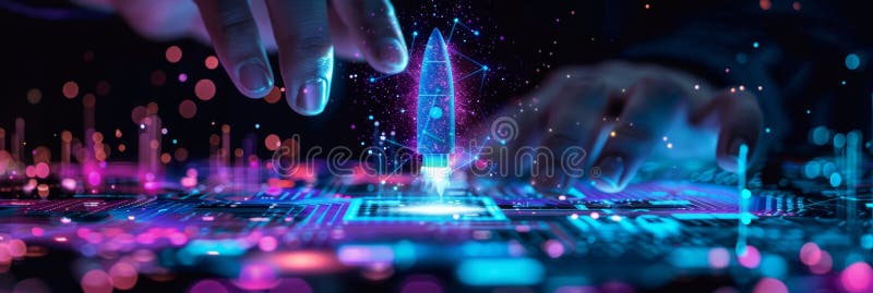 Startup Concept Person with Tablet Displaying Rocket Symbolizes Cutting ...