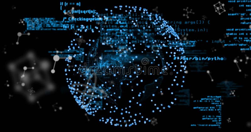 On Startup Data Globe Emerging Rotating while Code Scrolling and Shapes Pulsing Visualizing Flow ...
