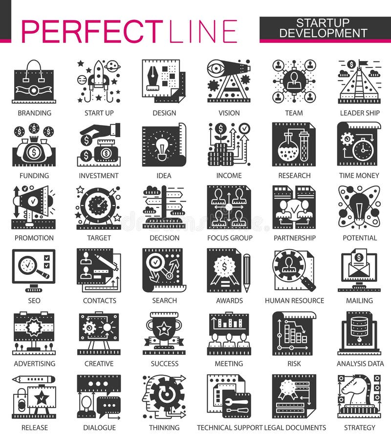 Startup Development Black Mini Concept Icons and Infographic Symbols ...