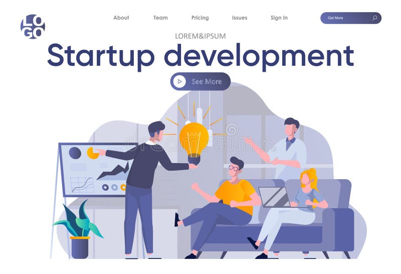 Startup Development Landing Page with Header. Startup Founders Planning ...