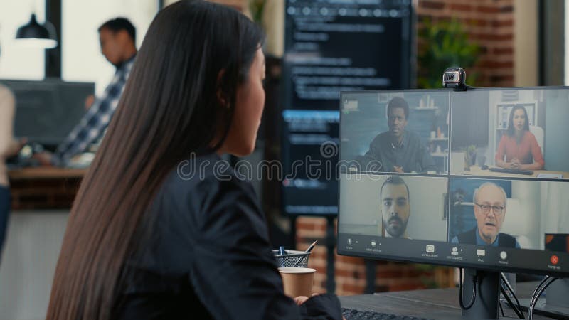 It Startup Employee in Video Call Conference with Client Team ...