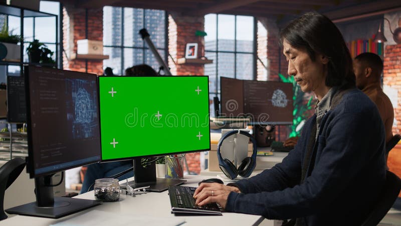 Startup it Expert Uses AI To Streamline Coding Process on Green Screen PC Stock Photo - Image of ...
