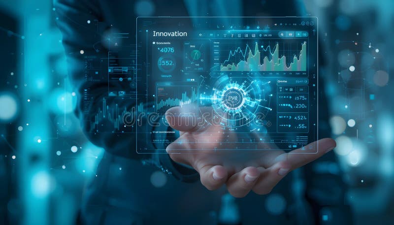 Startup Founder Hand Presenting a Futuristic Holographic Innovation ...