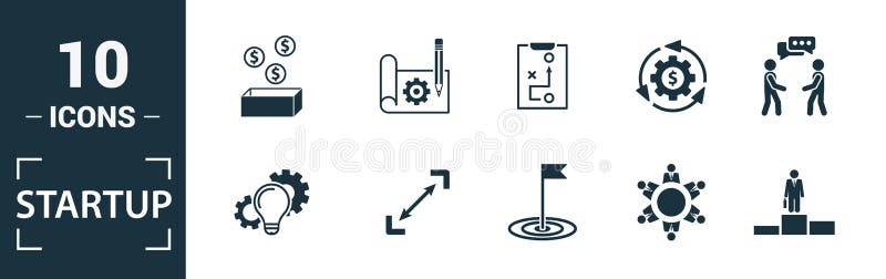 Startup Icon Set. Include Creative Elements Goal, Business Plan, Prototype, Business Incubator ...