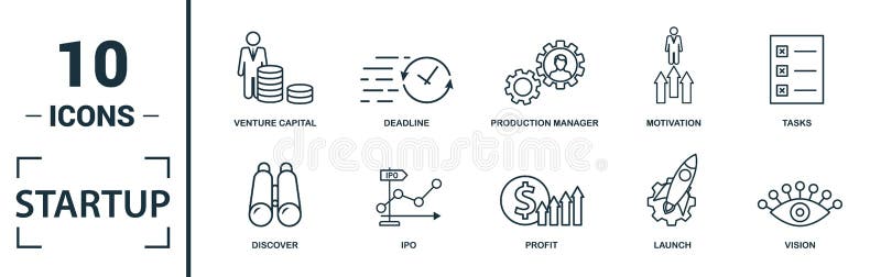 Startup Icon Set. Include Creative Elements Goal, Business Plan, Prototype, Business Incubator ...