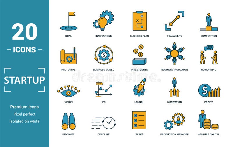 Startup Icon Set. Include Creative Elements Goal, Business Plan, Prototype, Business Incubator ...