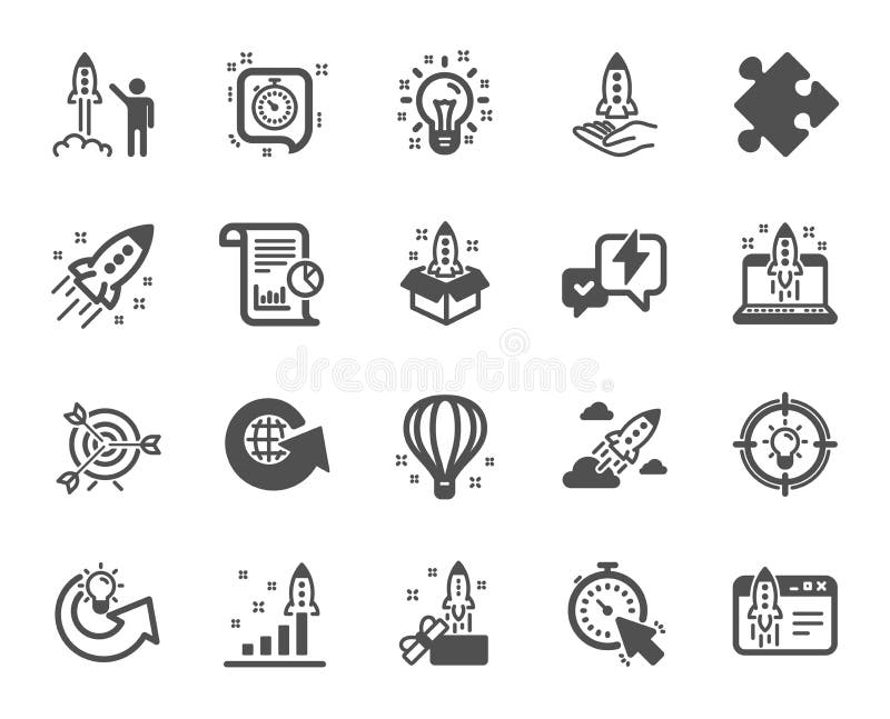 Startup Icons. Set of Launch Project, Business Report and Target ...