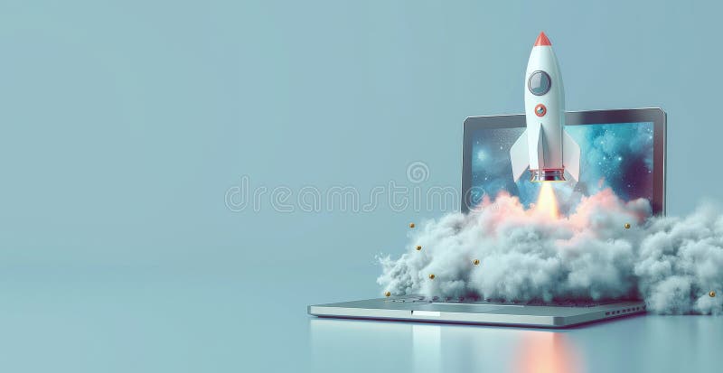 Startup Idea. Launch of Spaceship and 3d Rocket from Notebook Display ...