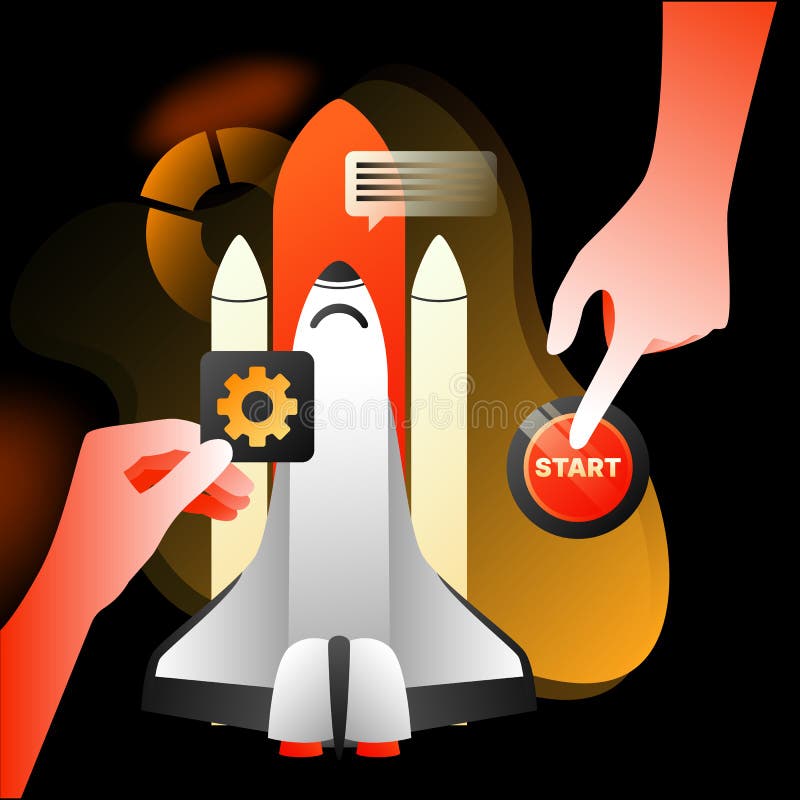 Startup Launch Illustration. Hand Pressing Start Button, Rocket and ...