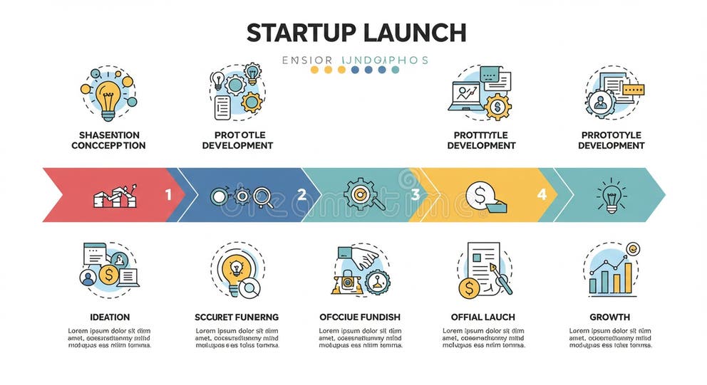 Startup Launch Infographic Detailing Four Phases: Conception, Development, Launch, Stock ...
