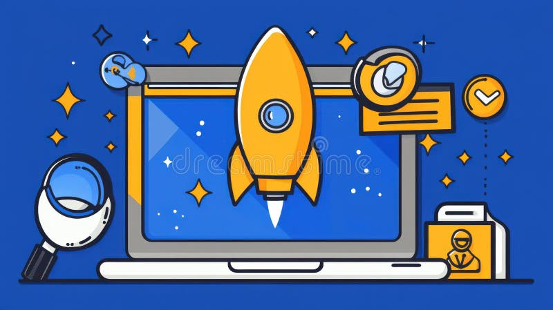 Startup Launch Rocket on Laptop Display, Success Symbols in Outerspace ...